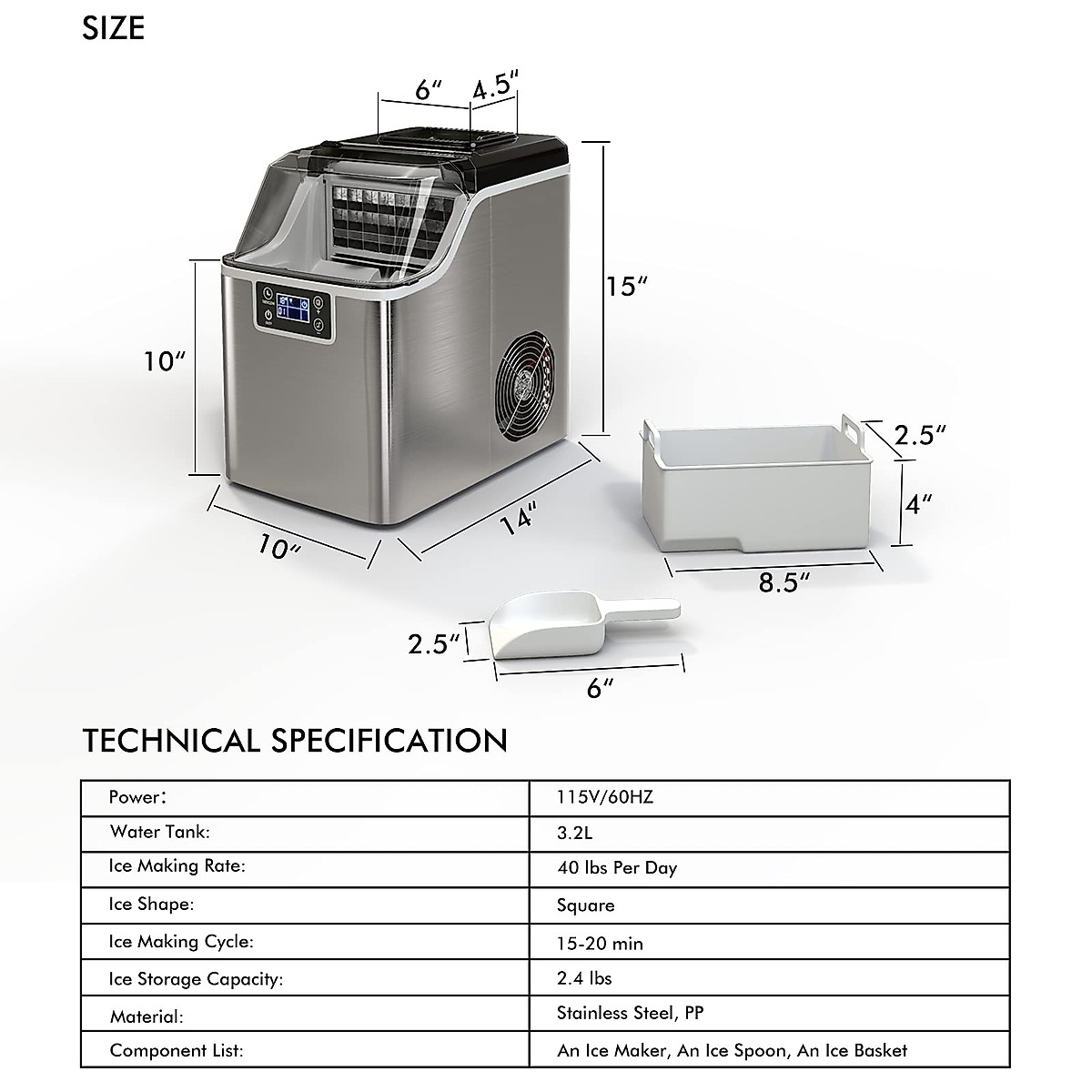 COSTWAY Countertop Ice Maker, 40LBS/24H Portable Compact Ice Machine with Top Inlet Hole, Auto Self-Cleaning Function, 24 pcs Ice Cube in 15 Mins, Ice Scoop and Basket Perfect for Home, Party, Office