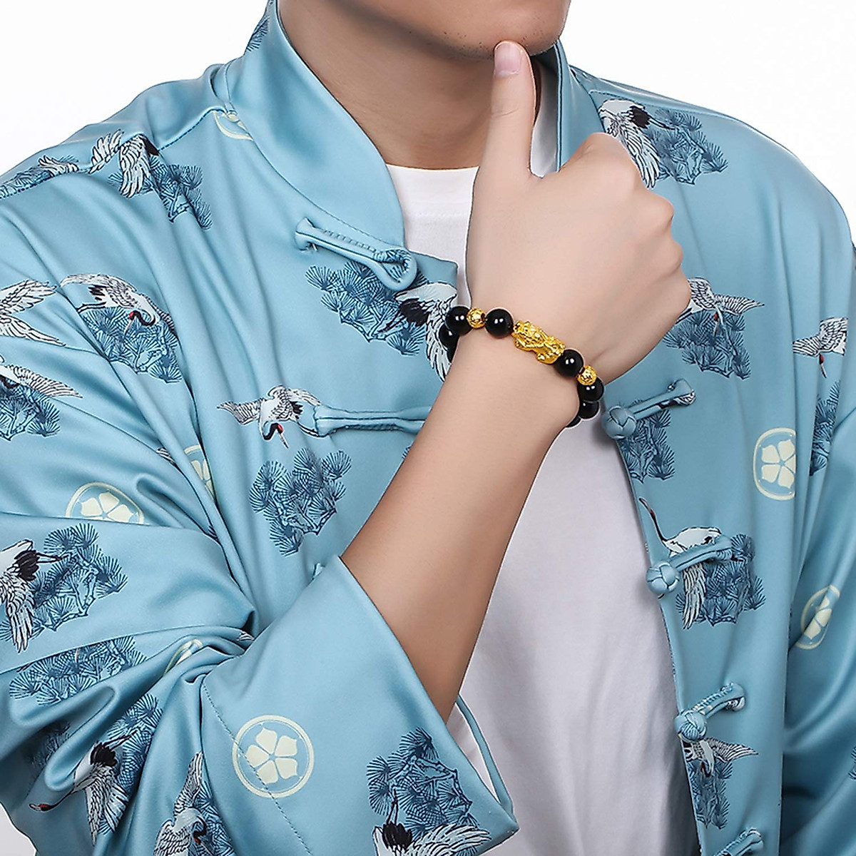 EIELO Feng Shui Pixiu Good Luck Bracelets for Men Women Natural Gemstone Healing Energy Obsidian Pi Yao Dragon Charm Beaded Bracelet Attach Wealth Money Jewelry 10MM