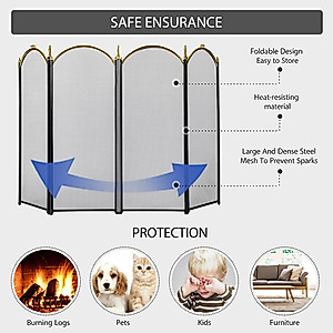 VIVOHOME 4 Panel 51.5 x 32 Inch Fireplace Screen Mesh Baby Safe Proof Fence Spark Guard Cover Ornate Wrought Iron Black Metal Fire Place Standing Gate