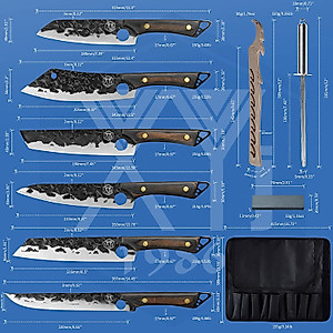 XYJ FULL TANG Camping Kitchen Knives Set With Knife Holder&Chef's Bag&Sharpener Rod 7 7.5 8 9 Inch Slicing Knife For Meat Vegetable Knives Block Set (Large Texture)