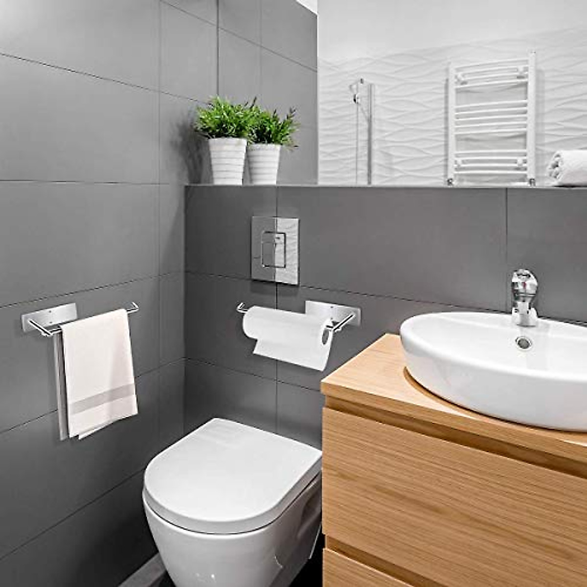 Paper Towel Holder Under Cabinet Mount- Self Adhesive Paper Towel Roll Rack for Kitchen Bathroom Towel, 12 Inch Rolls Wall Mounted & Drilling with Screws, 304 Stainless Steel (Silver, 15)