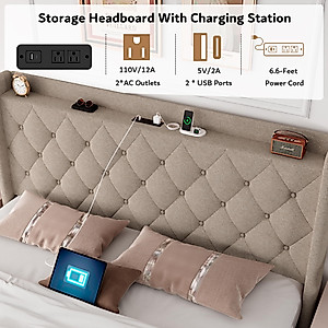 iPormis Queen Size Lift Up Storage Bed Frame with Charging Station, Upholstered Platform Bed Frame with Tufted Headboard, Hydraulic Storage, No Box Spring Needed, Noise-Free, Easy Assembly, Beige