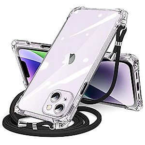 ATUSIDUN iPhone 14 Plus Case Clear Soft Slim Shockproof TPU Anti-Scratch Protective Four Corner Protection Case Phone Cover Ajustable Neck Lanyard Cord Strap Crossbody iphone14plus Case - Clear