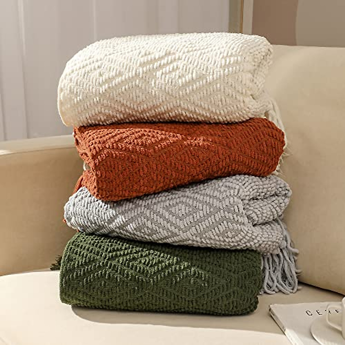 JOOJA Throw Blanket for Couch Knit Blanket Textured Chenille Blanket for Bed Super Soft Cozy Warm Blanket with Tassels for Chair Sofa Living Room, 50x60 Inches Burnt Orange