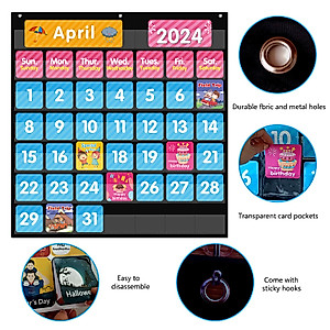 REGELETO Black Calendar Pocket Chart for Classroom with 85 Cards and 3 Hooks, Monthly Calendar and Weather Pocket Chart for Kids Learning for Home or Kindergarten (25” X 24”)