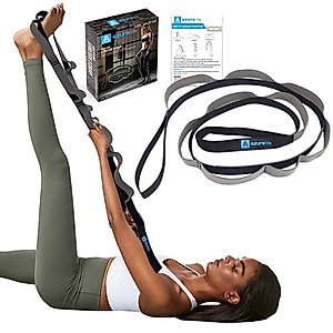 A AZURELIFE Stretch Strap with 11 Loops, Half Elastic Stretching Strap Band - Stretch Tool for Yoga Physical Therapy, Dance and Pilates, Gymnastics, Hamstring Strength Training with Instruction Guide