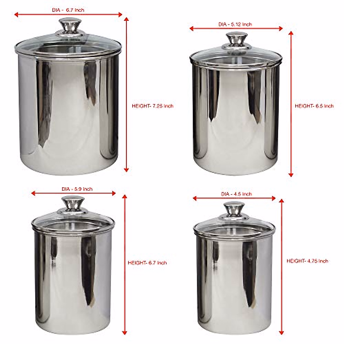 nu steel Canister Set Collection 4 Piece S/Steel Food Storage Container with Tempered Glass Lids for Kitchen Counter, Coffee, Tea, Etc, Small, Shiny Mirror
