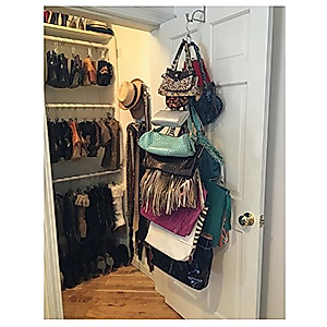 2-Pk Over Door Hanging Purse Storage - DURABLE, Holds 50 POUNDS, ROTATES 360 for easy access; Purses, Handbags, Satchels, Crossovers, Backpacks,12 Hooks, Chrome (Set of 2)