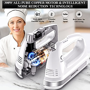 BAIGELONG Hand Electric Mixer, 300W Ultra Power Food Kitchen Mixer with 5 Self-Control Speeds + Turbo Boost, 5 Stainless Steel Attachments Handheld Mixer for Baking, Black