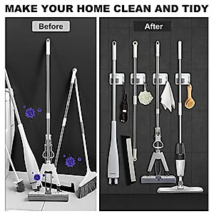 Drek Crek Mop Broom Holder Wall Mounted Heavy Duty No Drill, Adhesive Mop Broom Organizer, 304 Stainless Steel Mop Hanger Wall Mount Stick on w Hooks for Bathroom,Kitchen,Closet,Garage,Garden, 4PCS