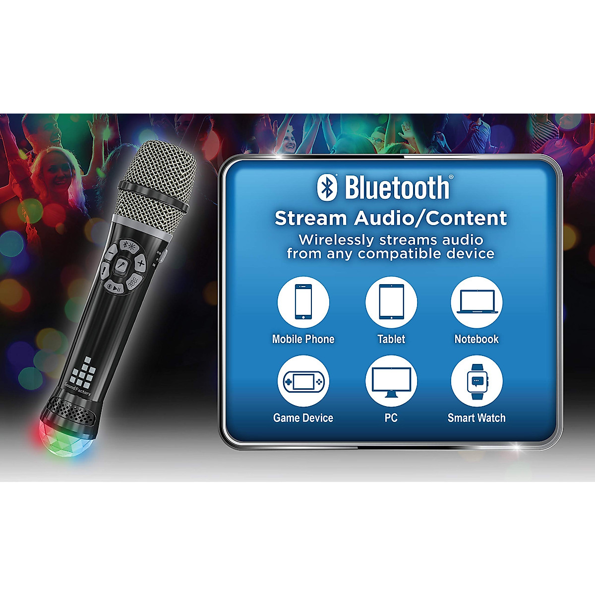 iHome Sound Factory Bluetooth Karaoke Microphone with LED Disco Party Lights,Portable Bluetooth Speaker Compatible with Apple Samsung Siri and Google Assistant,Wireless Microphone for Karaoke Fun