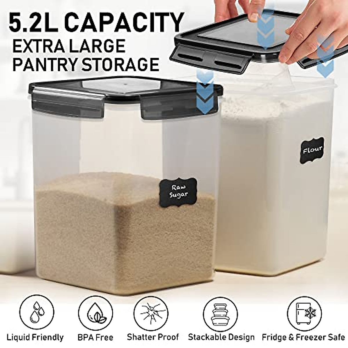 WHITE FEATHER SUPPLIES 4 PC [5.2L / 175 Oz] Large Airtight Food Storage Containers with Lids - Leakproof BPA Free Plastic Kitchen & Pantry Organization for Sugar, Flour & Rice + 4 Measuring Cups