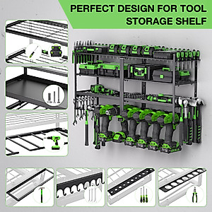 Sixfivsevn Power Tool Organizer, 8 Drill Holder Wall Mount, 4 Layers Garage Tool Organizers and Storage Rack, Heavy Duty Metal Tool Shelf with Hooks/Screwdriver Holder/Plier Holder/Hammer Holder