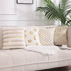 Holibeat White Moon Star Sequins Pillow Covers Fur Cushion Covers 18x18 inch Sequins DecorationThrow Pillow Cases (pack of 2)