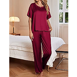 Inadays Womens Silk Pajamas Set Satin Silky Lounge Set Short Sleeve Shirt with Long Pajama Pant Pajamas For Women Set Red Wine