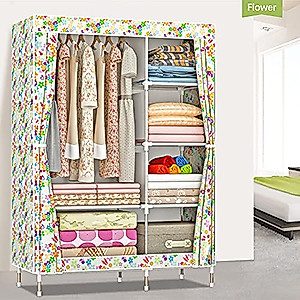QUMENEY Wardrobe Storage Closet, Portable Clothes Standing Shelves Organizer, Extra Strong and Durable Non-Woven Fabric Rack with Hanging Rods, Quick and Easy to Assemble (Flower)