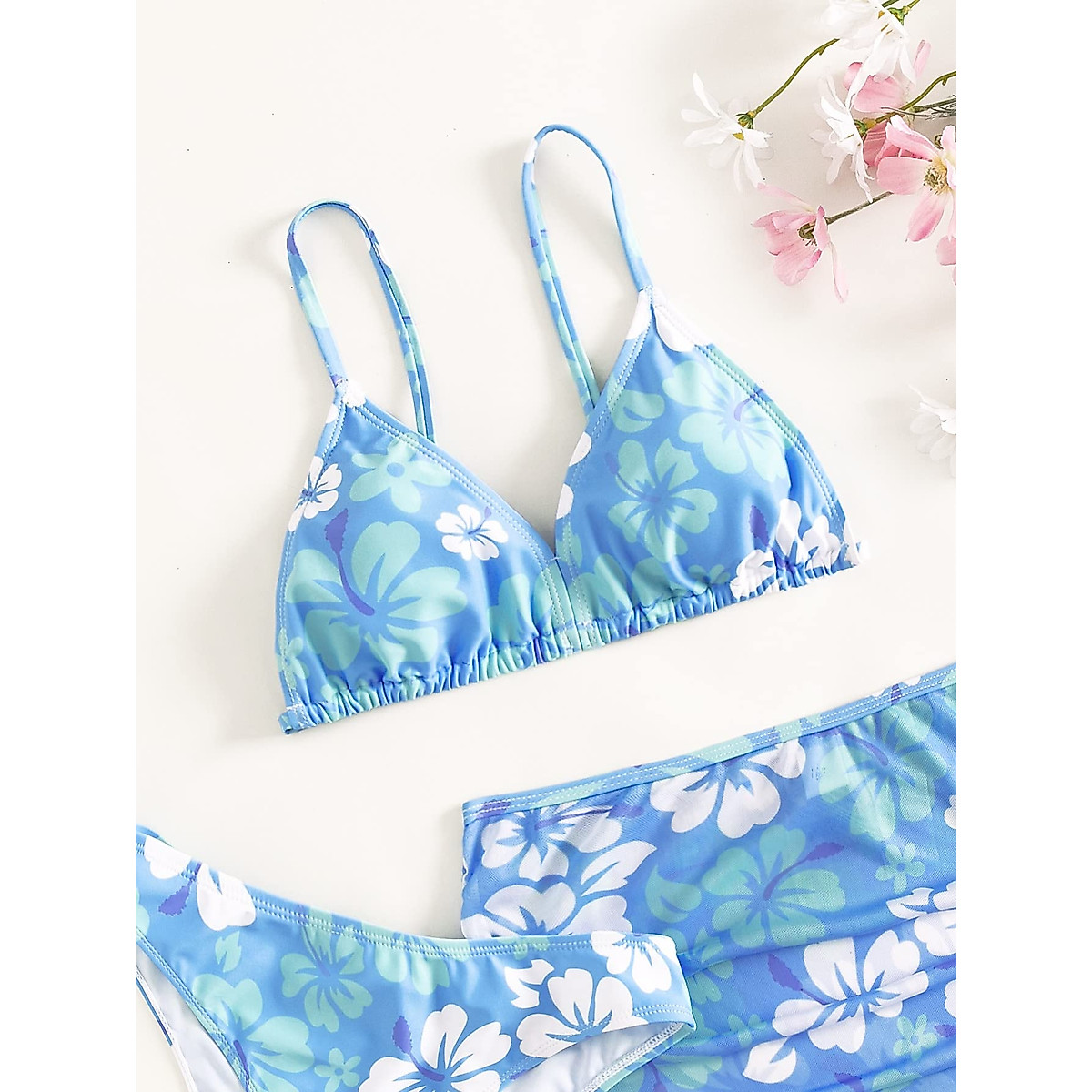 COZYEASE Girls' 3 Piece Set Floral Print Bikini Swimsuit with Drawstring Beach Skirt Cute Ruched Bathing Suit Multicolor Blue 14 Years