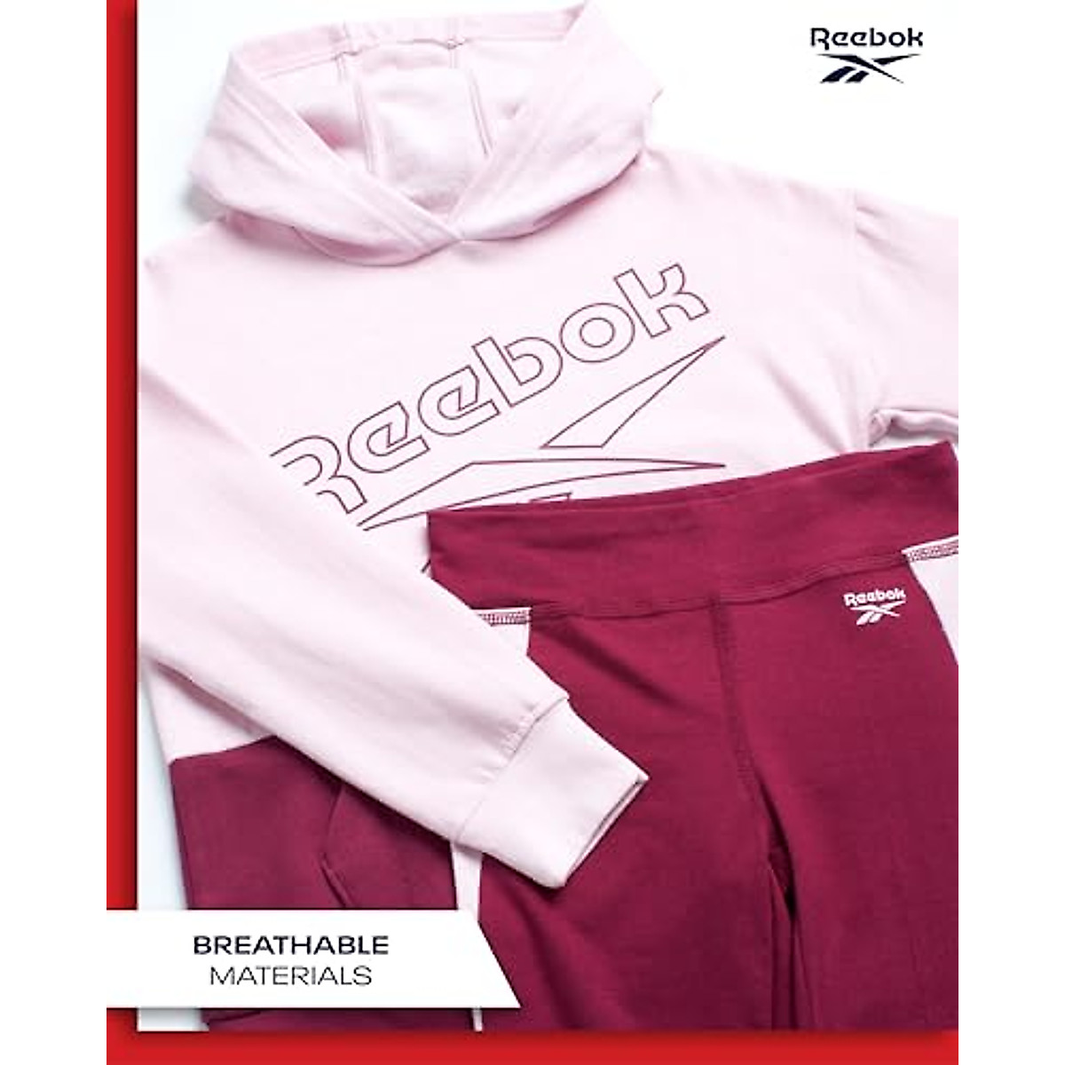 Reebok Girls' Sweatsuit Set - 2 Piece Hoodie Sweatshirt and Leggings - Youth Clothing Set for Girls (7-12), Size 8, Frost Berry