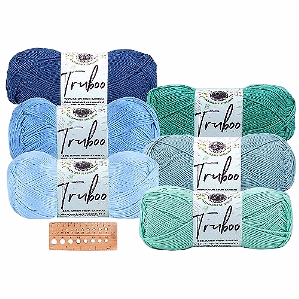Lion Brand Yarn - Truboo - 6 Pack Assortment with Needle Gauge (Deep Waters)