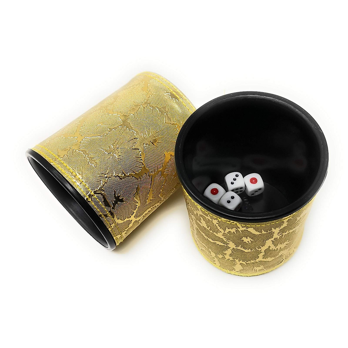 Asian Home Thy Collectibles Dice Cup with 5 Dices, PU Leather Professional Dice Shaker Cup Set for Yahtzee/Craps/Backgammon or Other Dice Games Golden, 2 Pack
