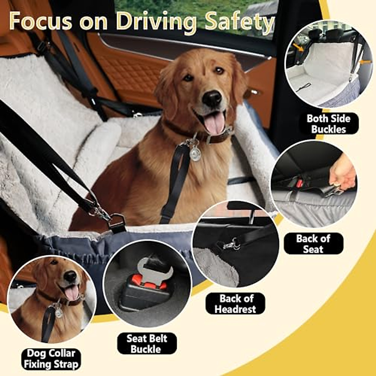 FUNNIU Dog Car Seat, Pet Car Seat for Medium/Large Dogs or Two Small Dogs, Dog Car Bed Travel Safety Fully Detachable Washable for Back Seat with Soft Cushion, Light Grey