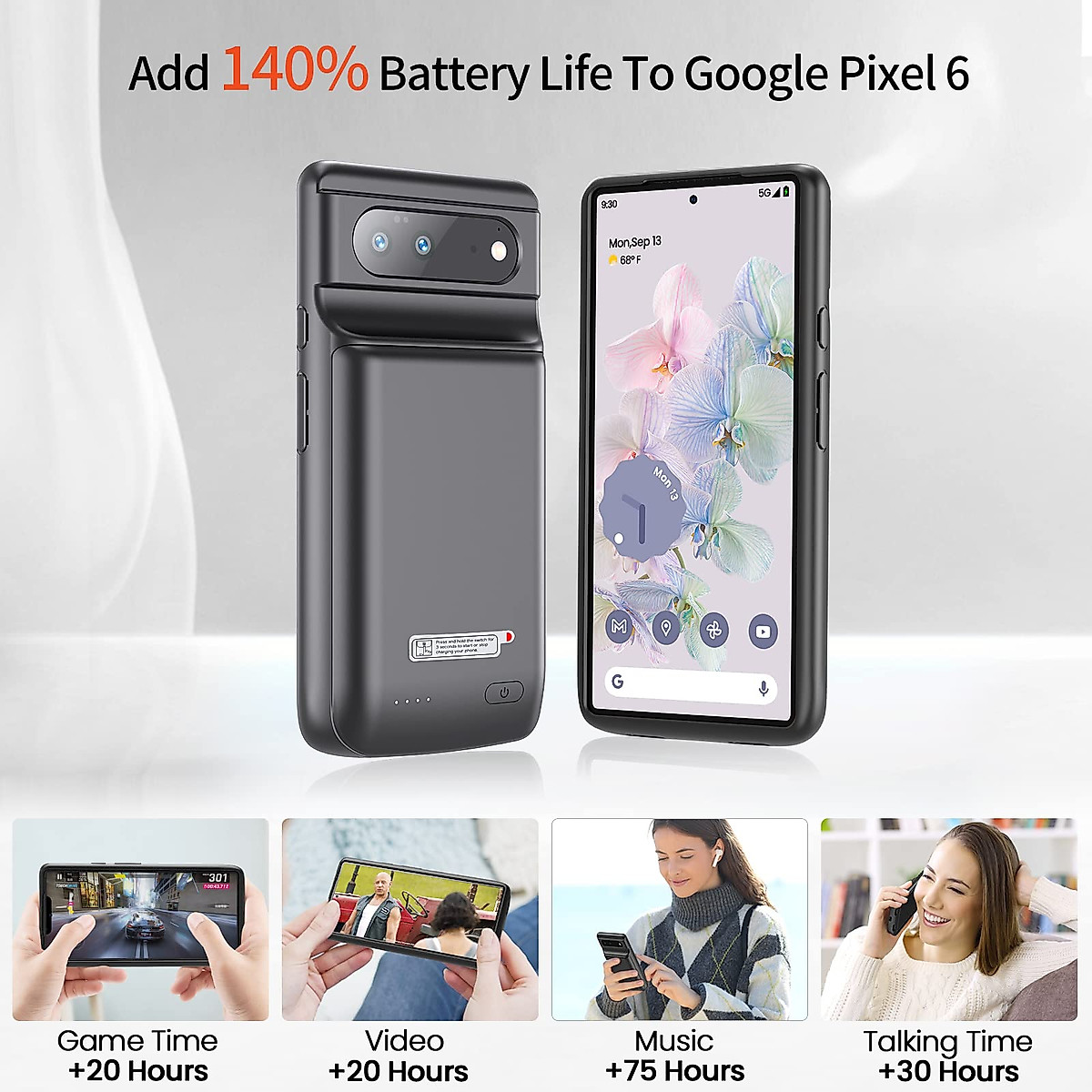 NEWDERY Battery Case for Google Pixel 6 6.4", 10000mAh Ultra Powerful Rechargeable Charging Case, Protective Extended Backup Charger Case for Google Pixel 6 5G (2021 Released)