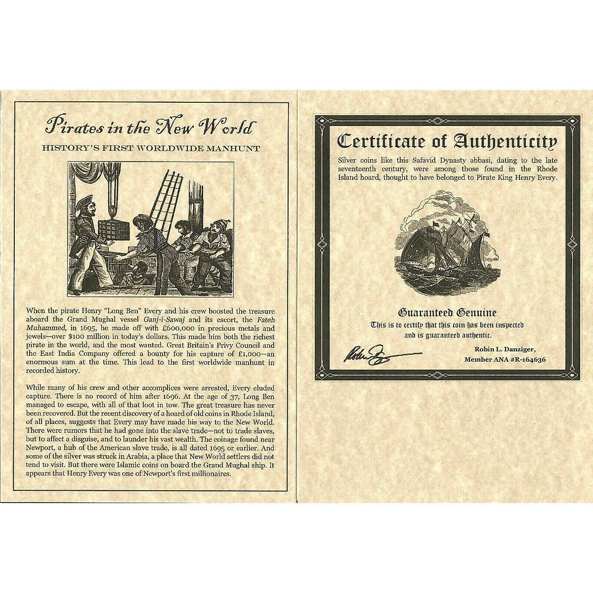 1695 No Mint Mark Authentic Pirate Silver Coin From 17th Century Belonged to Pirate King Henry Certificate Of Authenticity & Holder & Album Inc. $1 seller Very Fine