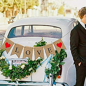 Mocossmy Valentine's Day Red Heart Hanging Decoration Set,Burlap LOVE Banner&16 Pack Glitter Red Heart Hanging Swirls Ceiling Streamers for Mother's Day Date Engagement Wedding Anniversary Party Supplies Decoration