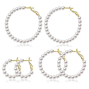 CERSLIMO Pearl Hoop Earrings for Women - 3 Pairs 14K Gold Plated Pearl Hoop Earrings Set, S925 Sterling Silver Post Big Large Hoops 4mm Pearl Earrings Jewelry Gifts 20/30/40mm