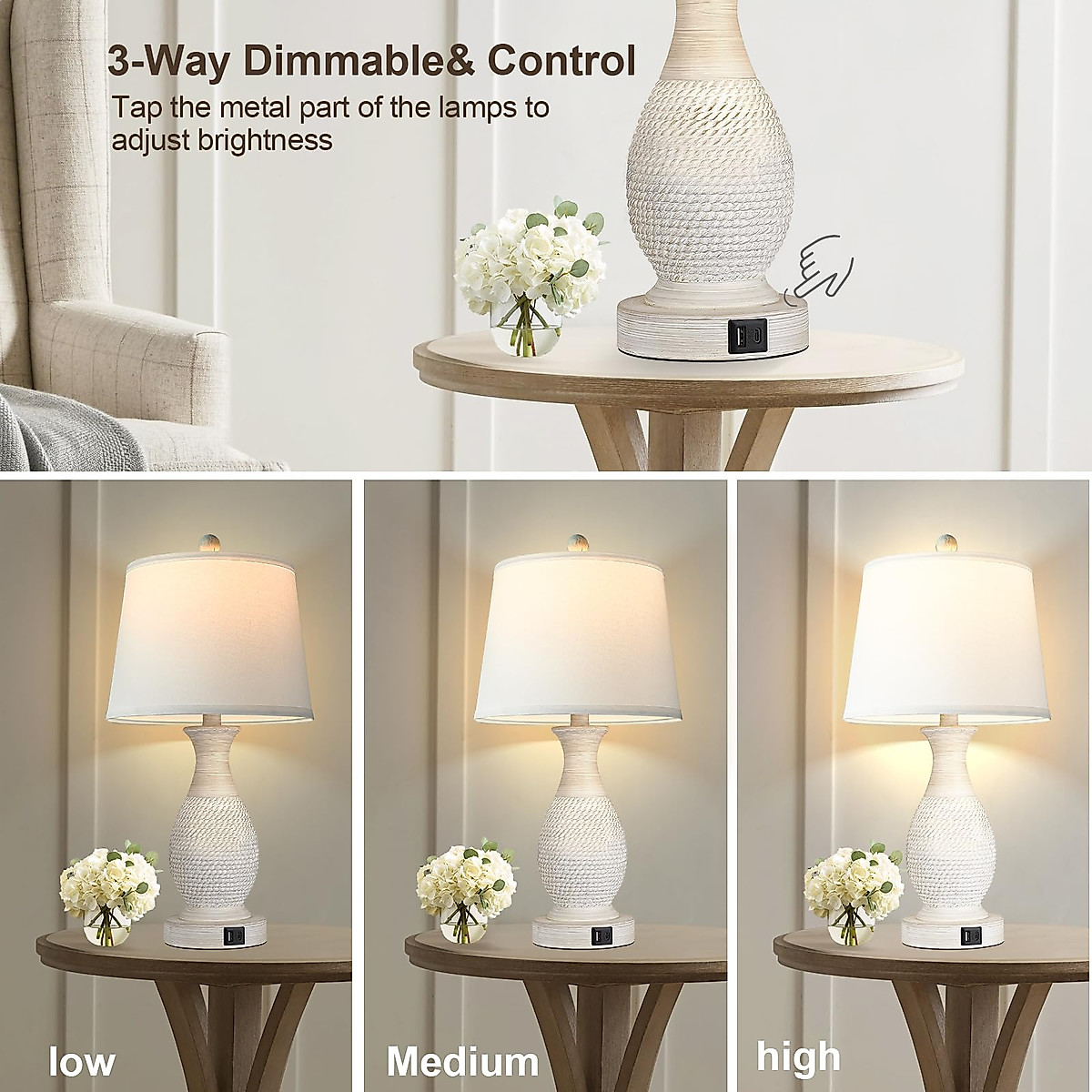PARTPHONER 【Upgraded】 Table Lamps Set of 2, Bedside Touch Lamp with USB C+A Charging Ports, Side Table Lamp with White Fabric Shade (LED Bulbs Included)