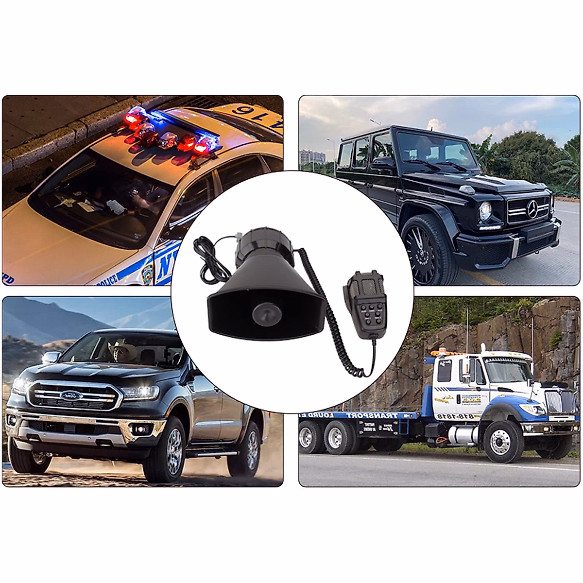 FARBIN Car Siren Horn 7 Tone Police Siren Vehicle Loudspeaker with Handheld Microphone Amplifier 12V 100W Emergency Sounds Siren Electric Horn with Mic PA