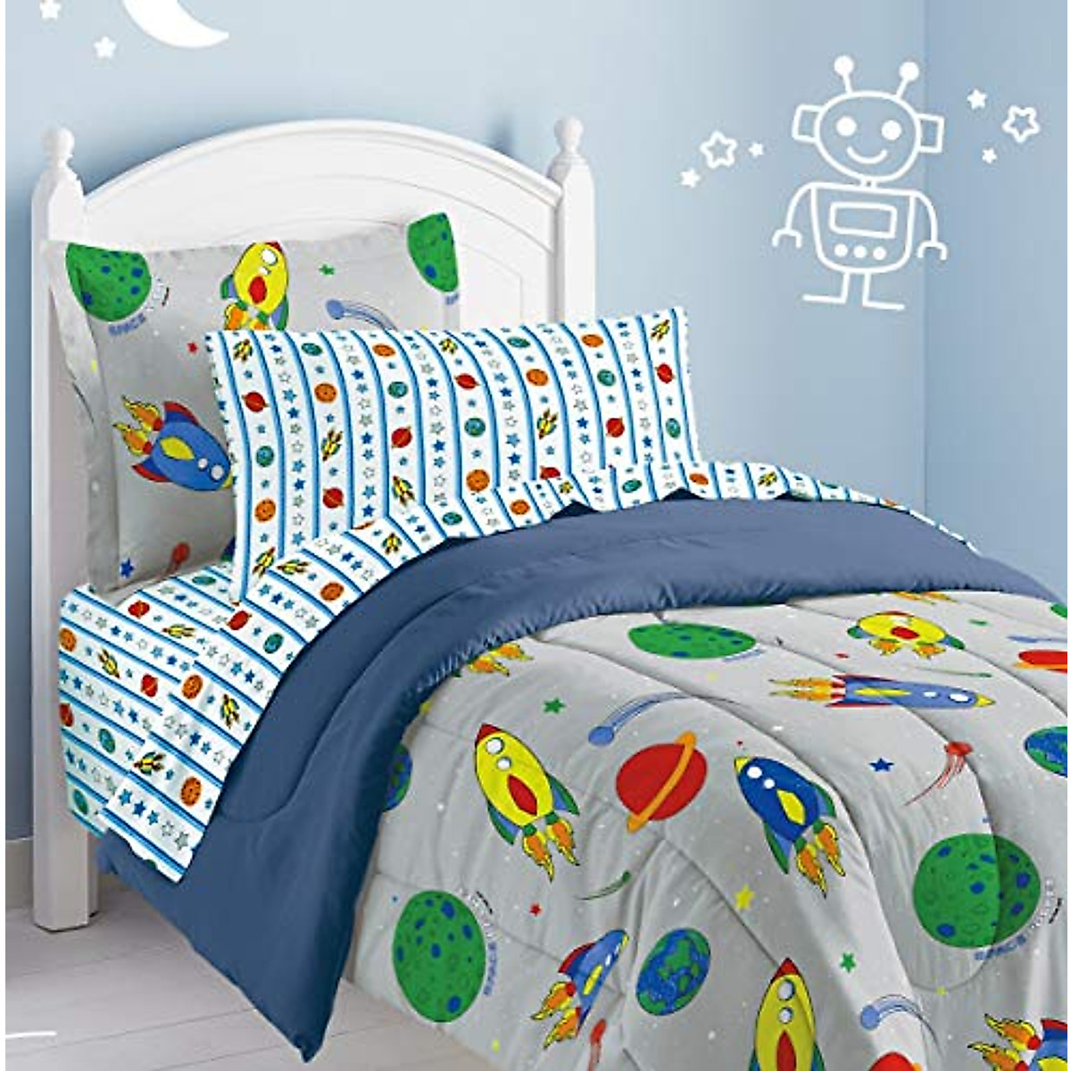 Dream Factory Space Rocket Ultra Soft Microfiber Comforter Set, Multi-Colored, Twin,2A745901MU
