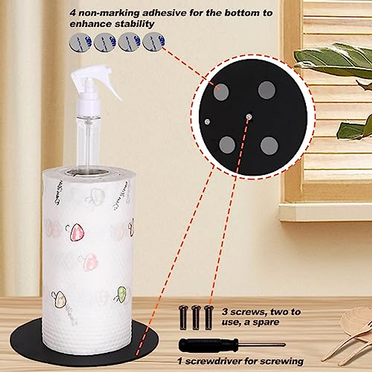 Paper Towel Holder with Spray Bottle, Stainless Steel Countertop Paper Towel Holder Stand with Sprayer Inside Center One-Handed Operation Kitchen Papertowels Roller with Non Slip Weighted Base