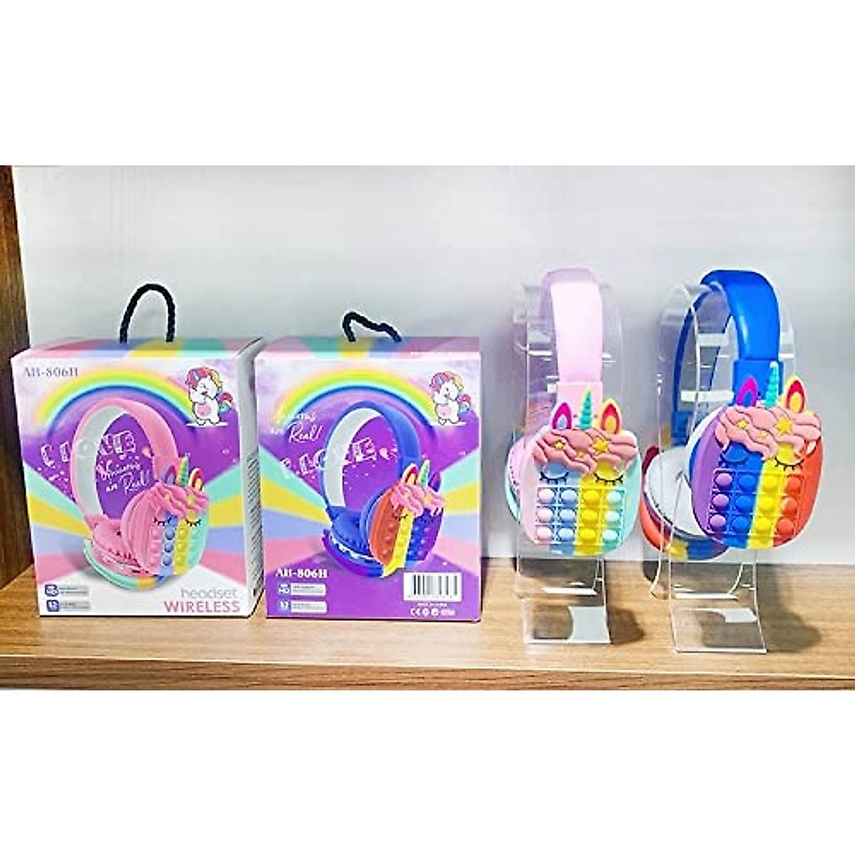 Wireless Bluetooth Noise Cancelling Over-Ear Headphone Silicone Fidget Pop Built-in Mic On-Ear Stereo Headset for Smartphone Tablet Computer (Rainbow Unicorn)