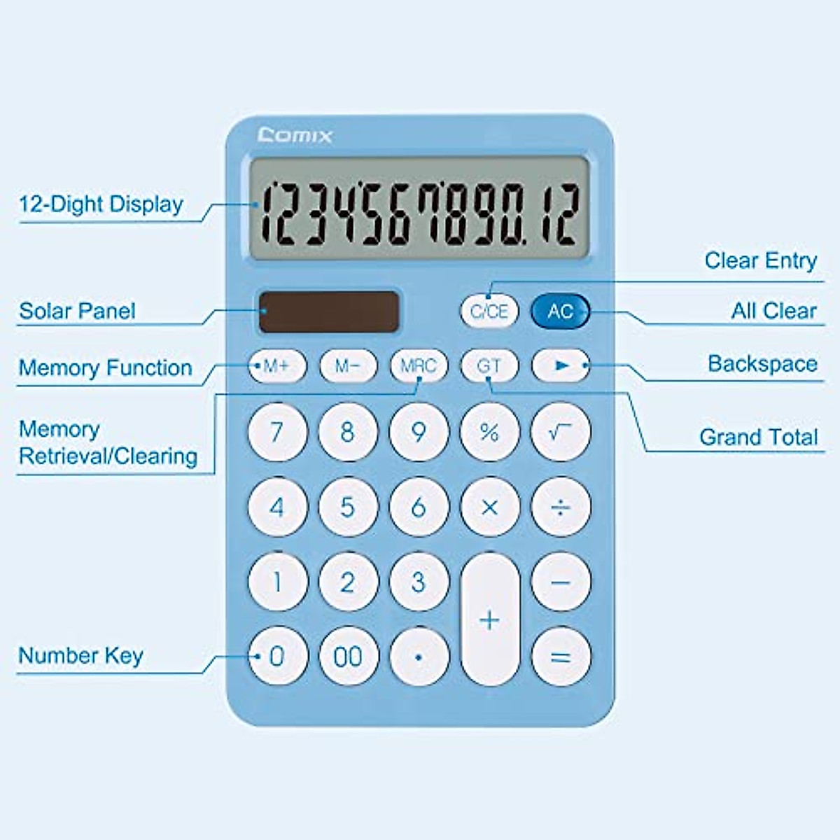 Comix Desktop Calculator with Large LCD Display and Big Button, 12 Digits Baisc Calculator, Standard Calculator, Solar Battery Dual Powered, for Office Home School & Business Use (Blue)