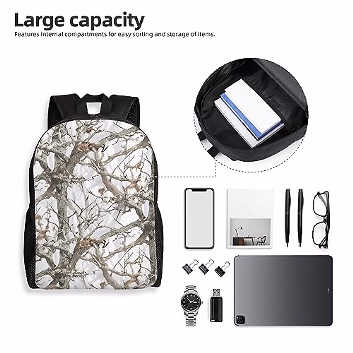 RLDOBOFE White Tree Camo Backpack For Women Men Travel Laptop Backpack Rucksack Casual Daypack Lightweight Travel Bag