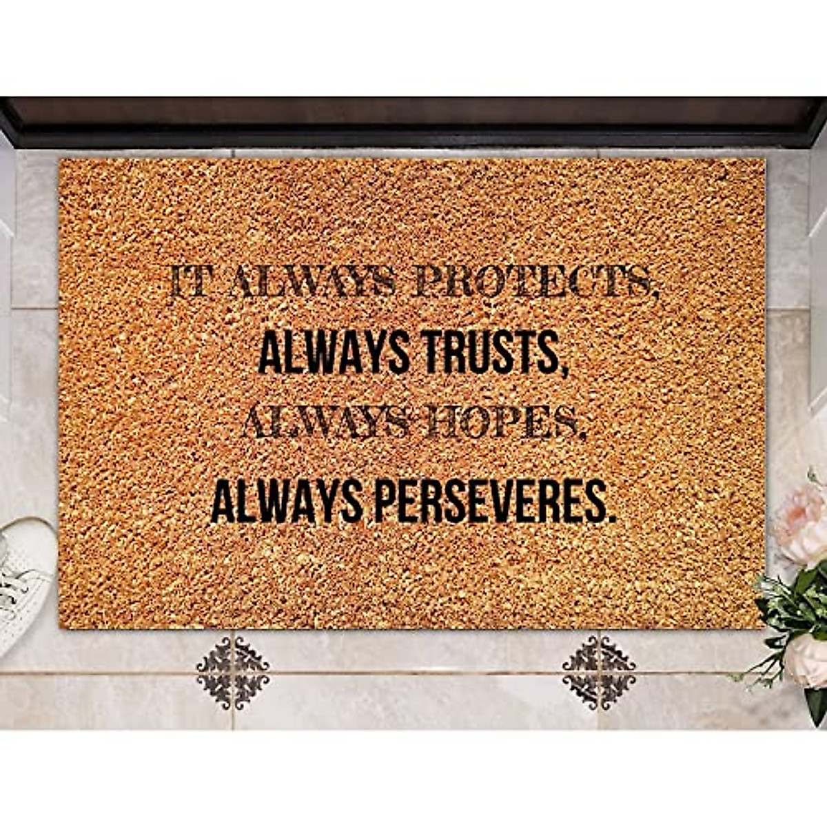 SILYHEART It Always Protects Always Trusts Always Hopes Always Perseveres Coir Door Mat Doormats Farmhouse Family Quote Durable Coir Non Slip Mat for Outside Home High Traffic Area 16x24in