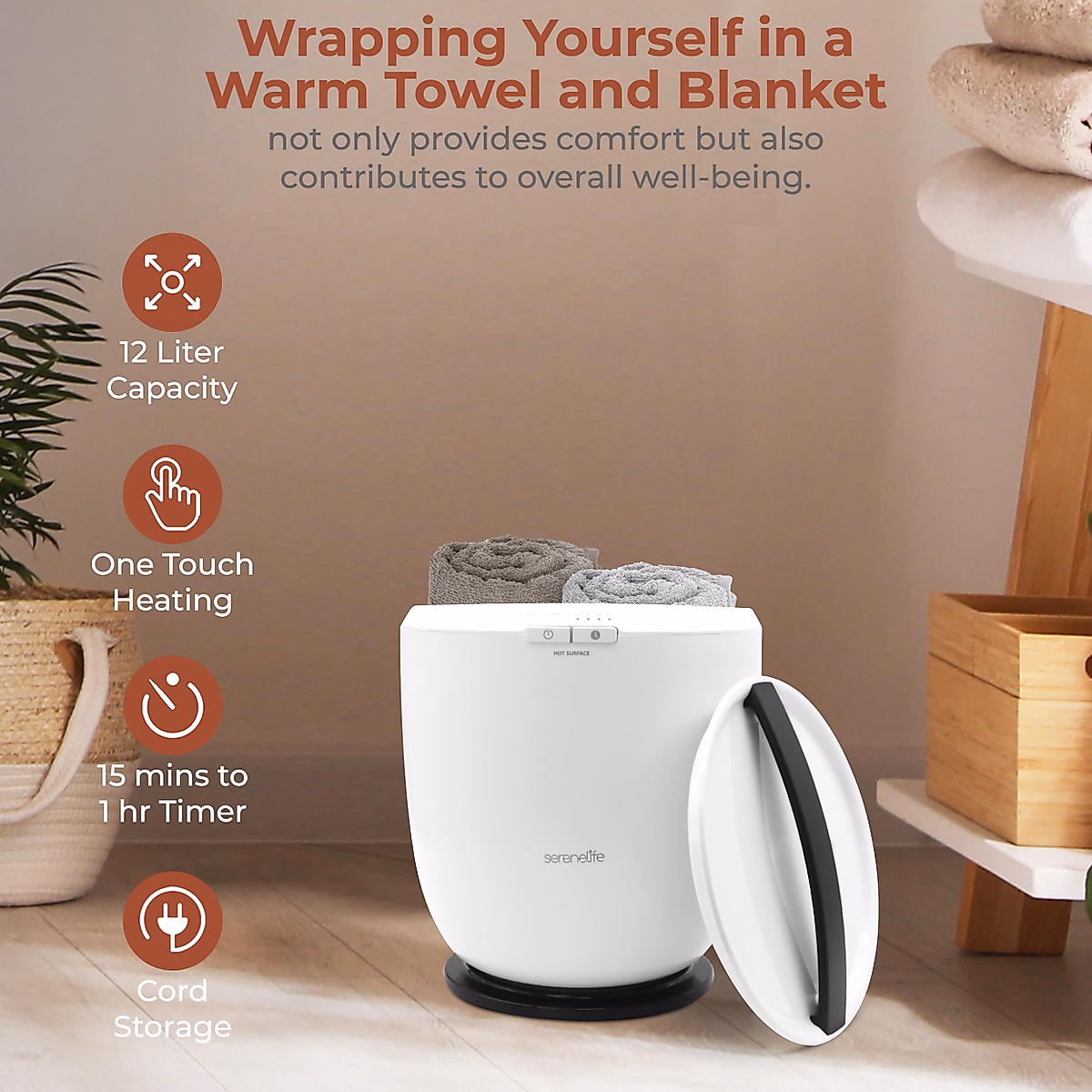 SereneLife Counter Towel Warmer Bucket - with Customized Fragrance for Spa and Bathroom, Luxury Towel Heater, Auto Shut off, Fits 1 large Towel, Blanket, Bathrobe, PJs (Black)