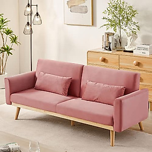 AWQM Velvet Futon Sofa Bed, Memory Foam Couch Set, Upholstered Modern Daybed Convertible Folding Loveseat Recliner with Pillows and Wooden Frame for Compact Living Room, Apartment, Dorm, Office (Pink)
