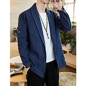 Mingzhu Mens Cotton Linen Blazer Jacket Roll Up Long Sleeve Notched Lapel Sport Coat(0733-NavyBlue-XL)