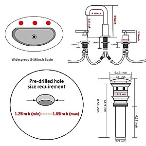 GGStudy 360° Swivel Spout Two Handles 3 Holes 8-16 inch Widespread Bathroom Sink Faucet Gold Finish Matching with Pop Up Drain