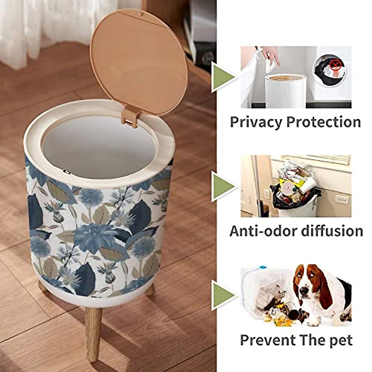 Small Trash Can with Lid floral seamless Flower Seamless with blue cornflowers dahlias thistles Garbage Bin Wood Waste Bin Press Cover Round Wastebasket for Bathroom Bedroom Diaper Office Kitchen