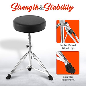 Pyle Adjustable Drum Throne Stool-Portable with Double-braced Tripod Legs, Foam-Cushioned Seat, Perfect for On Stage and in-Studio Use PSEATDRM28