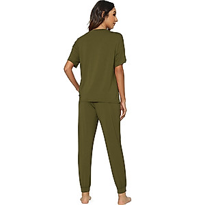 WiWi Viscose from Bamboo Pajamas Set for Women Short Sleeve Loungewear 2 Piece Outfit Long Pants Jogger Sets S-XXL, Dark Army Green, Medium