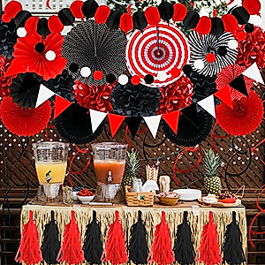 ZERODECO Party Decorations, 41 Pcs Black and Red Papar Fans Pompoms Garlands String Tissue Paper Tassel for Graduation Bridal Baby Shower Wedding Boy Girl Birthday Party