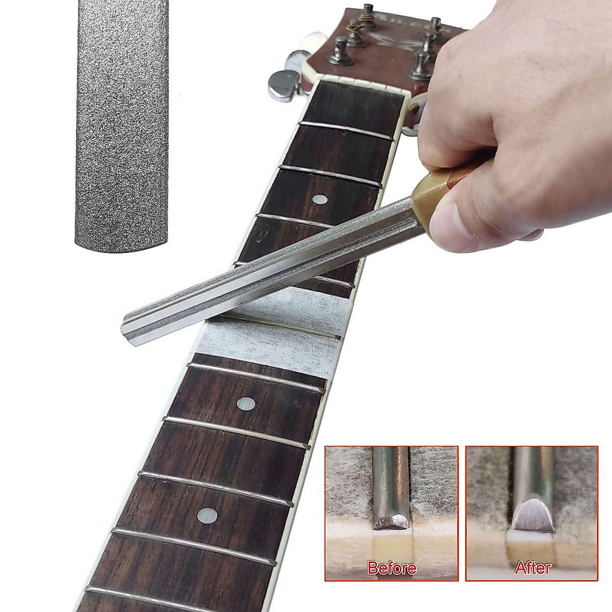 Upgrated Baroque Guitar Fret Crowning&Edge Dressing File 3 Slots Size & 1 full Grit Side Improved 4th Generation Repair Luthier Tools for Guitars,Ukulele,Bass,Banjo,Mandolin etc (4th Generation File)