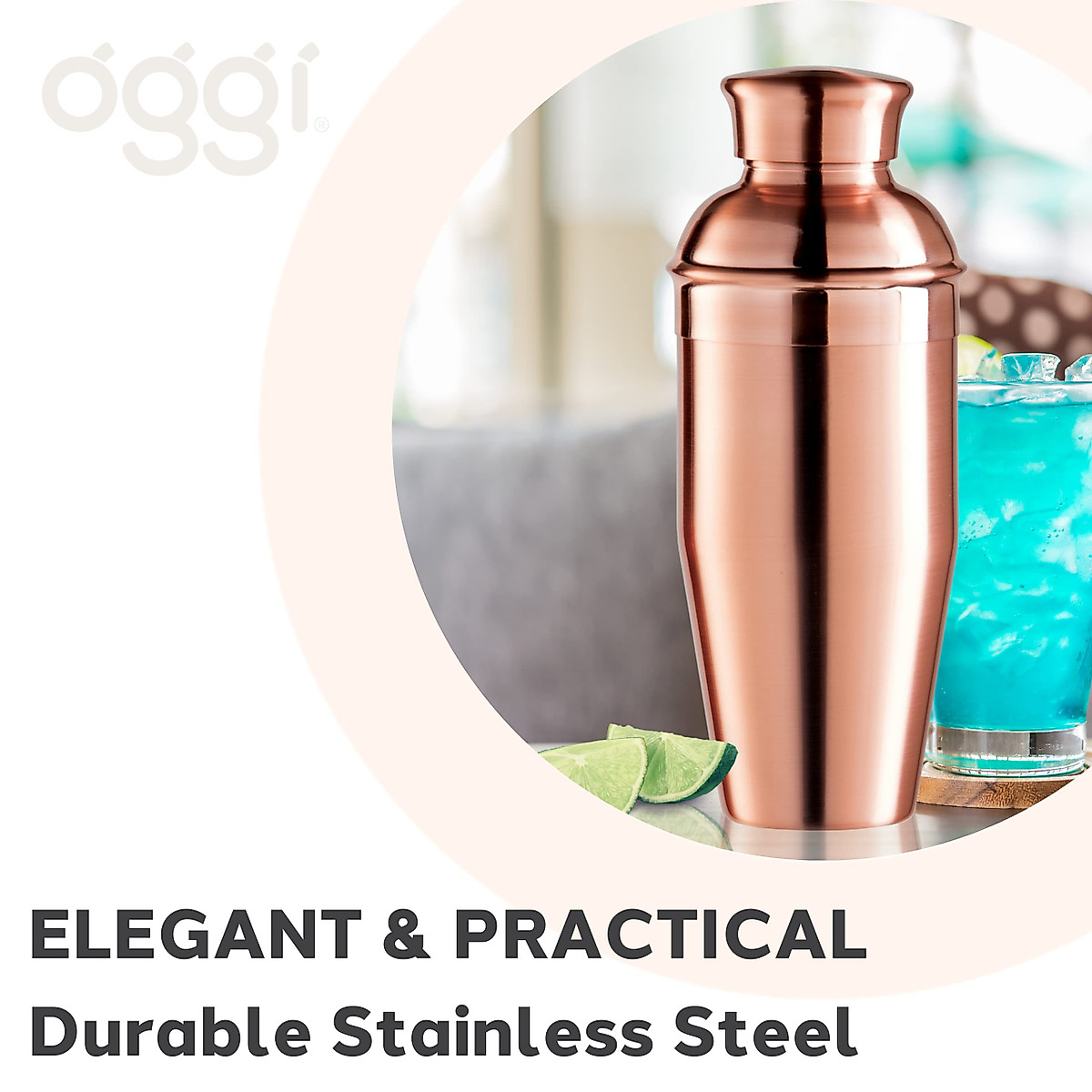 OGGI Classic Cocktail Shaker Copper - 26 oz, Stainless Steel Construction, Built in Strainer - Ideal Home Bar Drink Mixer, Bartender Kit, Essential Bar Accessories