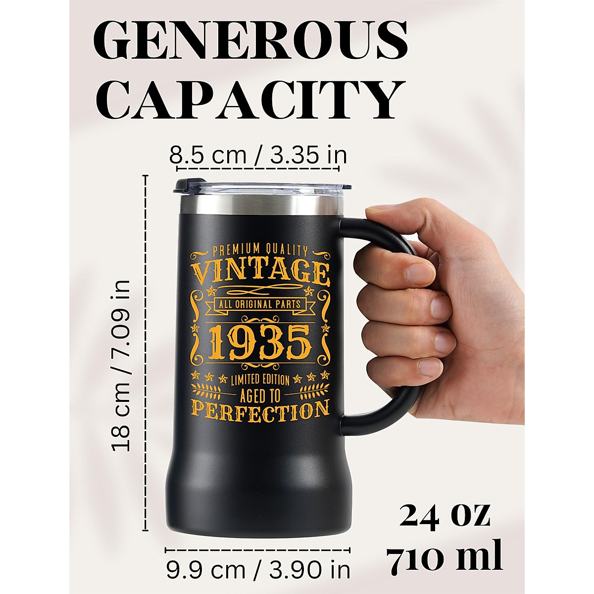 Onebttl 90th Birthday Gifts for Men, Dads, Grandfathers, Granddads, Husband, Vintage 1935 Birthday Gifts 24oz Stainless Steel Beer Stain Mug 24oz