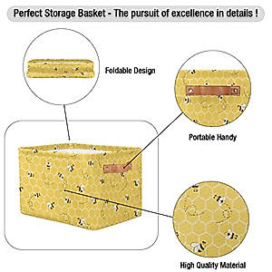 Pardick Yellow Bee Basket Cube Storage Bins Honeycomb Shelves Bee Decor for Bedroom Toys Stuffed Animal Waterproof Laundry Box Bin Basket with Handle for Home Closet Shelf Office Bedroom Gift-2PCS
