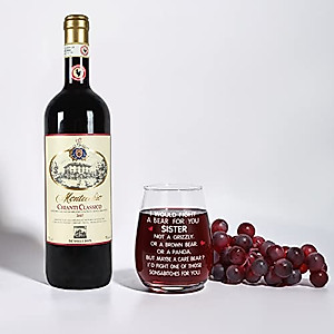 Waipfaru Funny Gift For Sister, Fight A Bear for You Stemless Wine Glass, Sister Gifts From Sister Brother, Birthday Christmas Gift for Sister Sister in Law Soul Sister Big Sister Little Sister, 15Oz